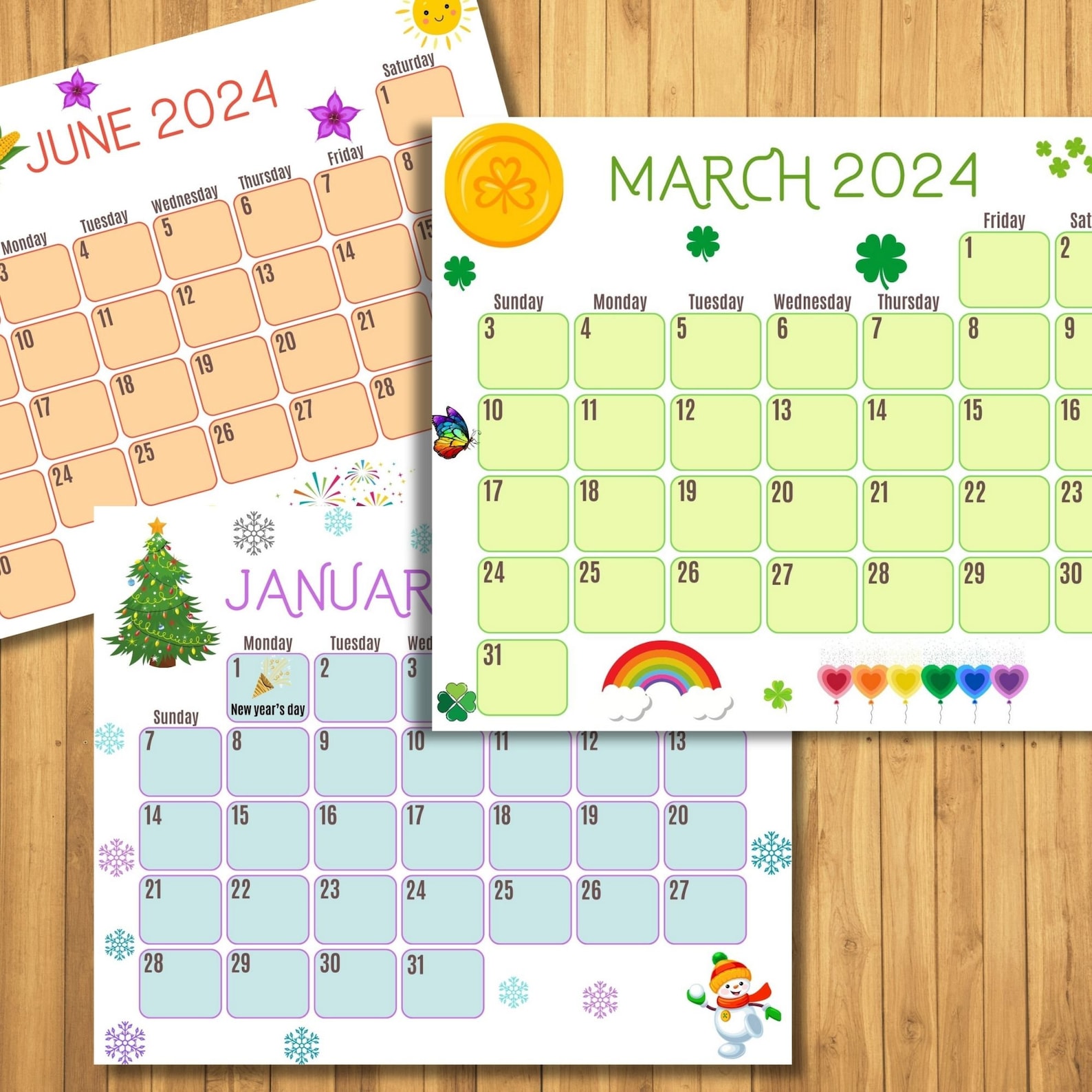 2024 Printable Calendars, Printable Kids Calendars, Watercolor ...