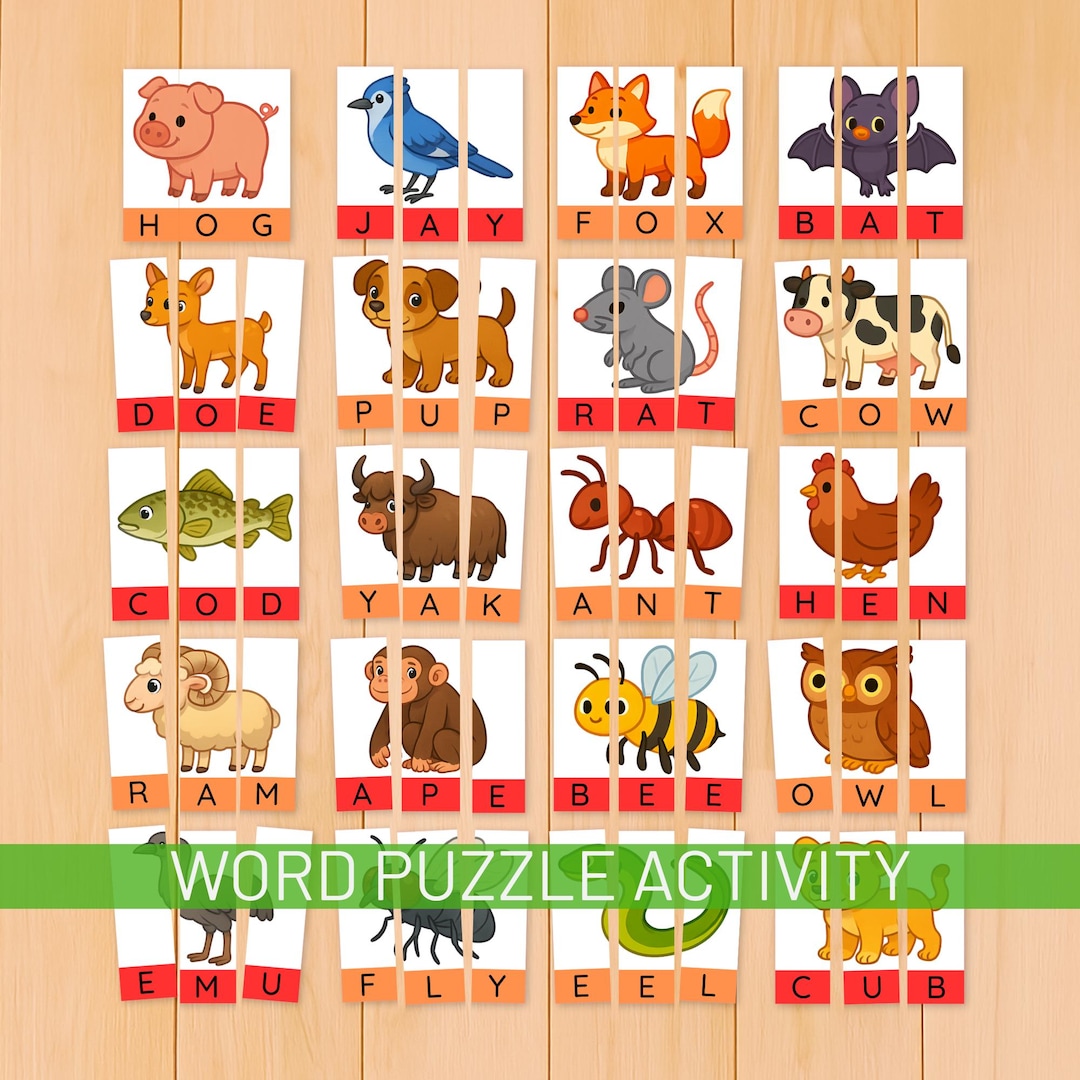 Three Letter Animal Puzzle Cards, Spelling Learning Activity ...