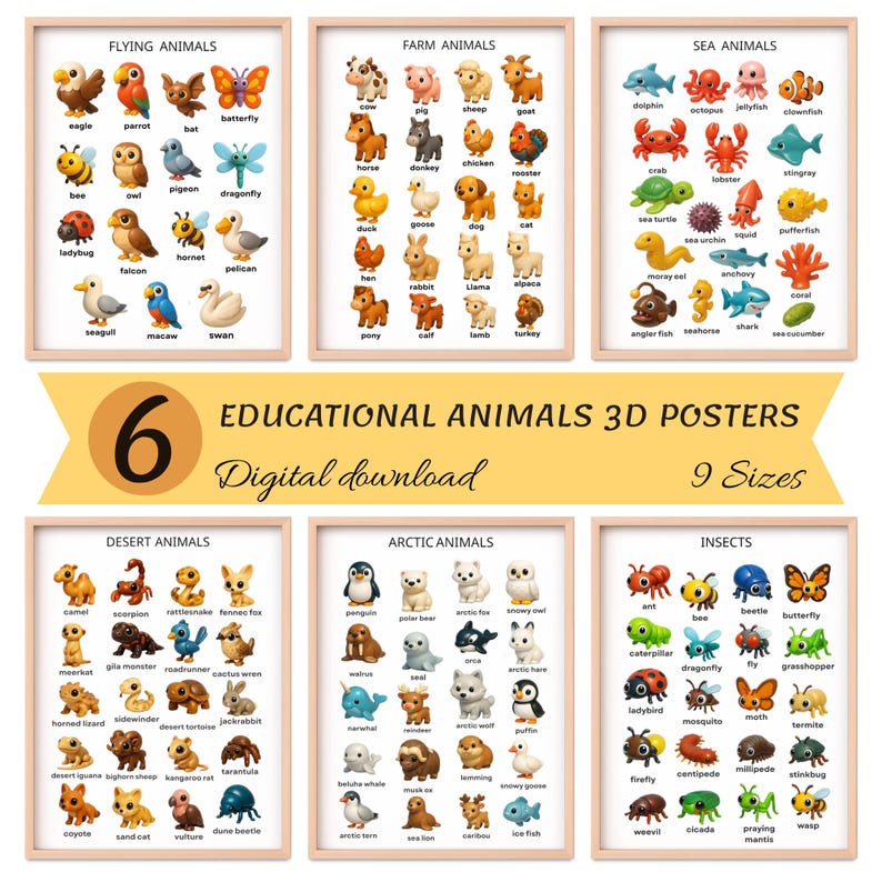 3D Animal Classification Posters, 2D Animals Poster for Kids, Learn ...