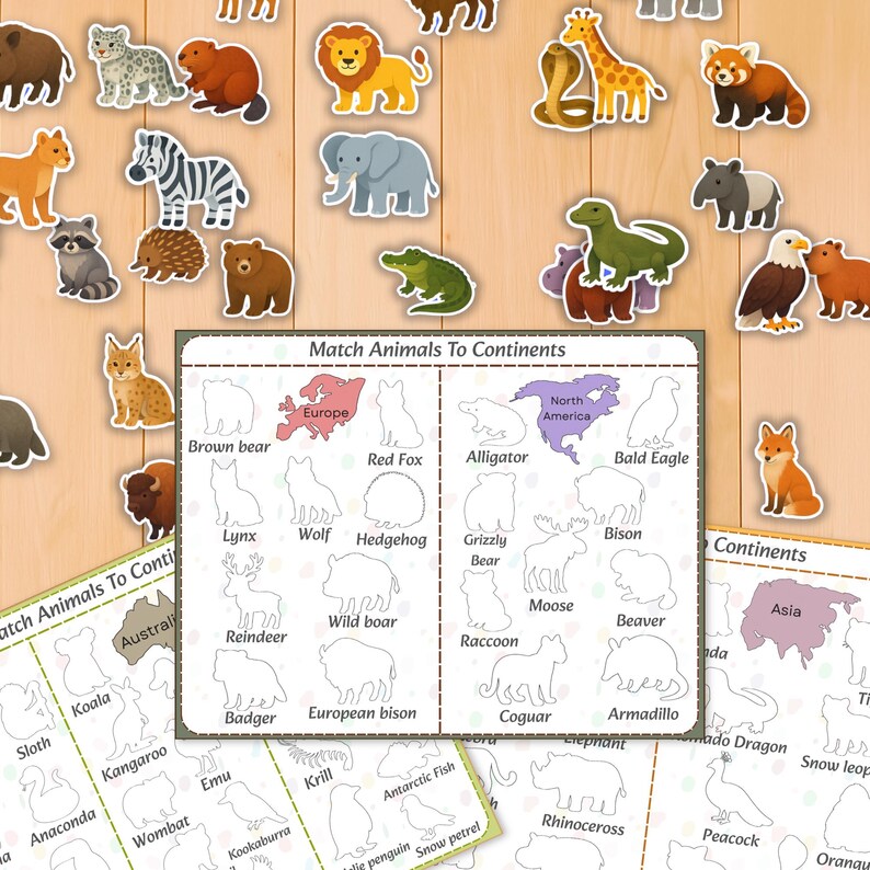 World Continents and Continental Animal Matching Game, Habitat Learning ...
