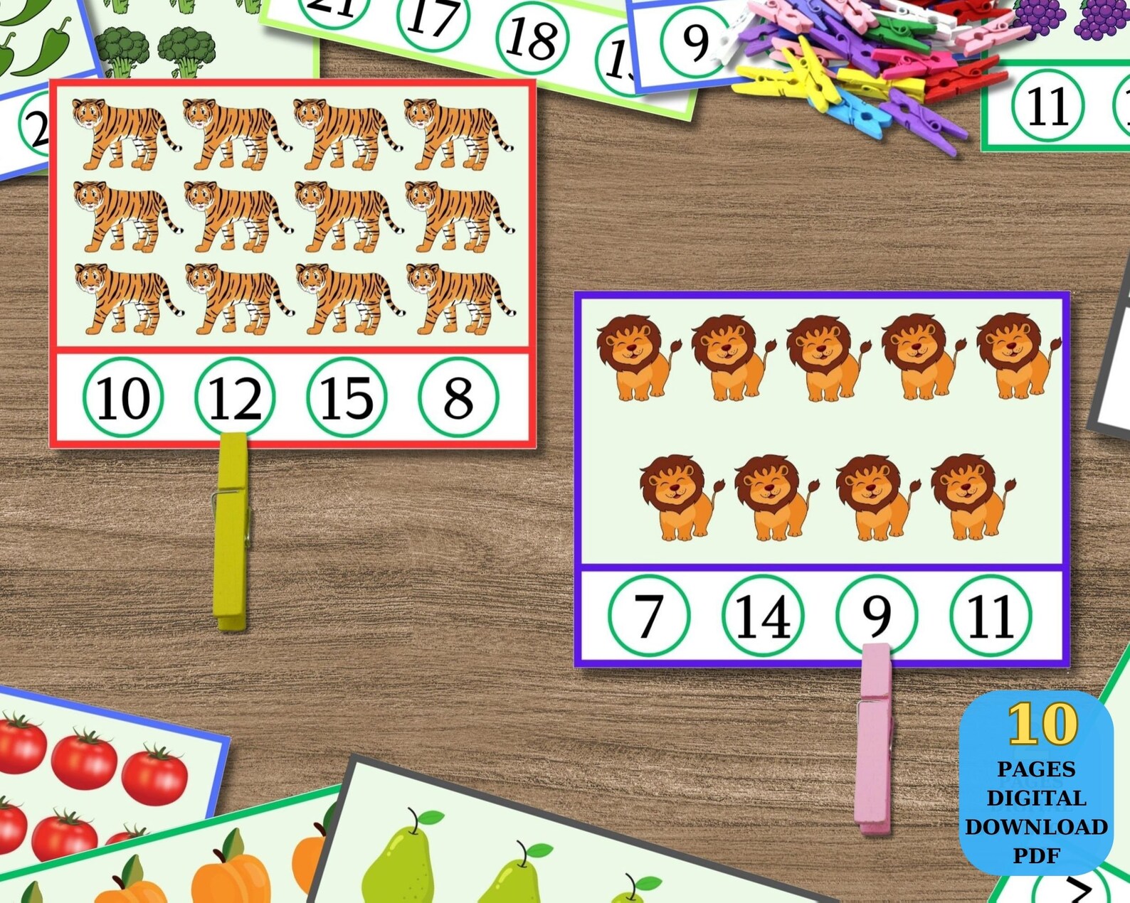 Fruit, Vegetable and Animal Number Flash Cards, Printable, Number ...