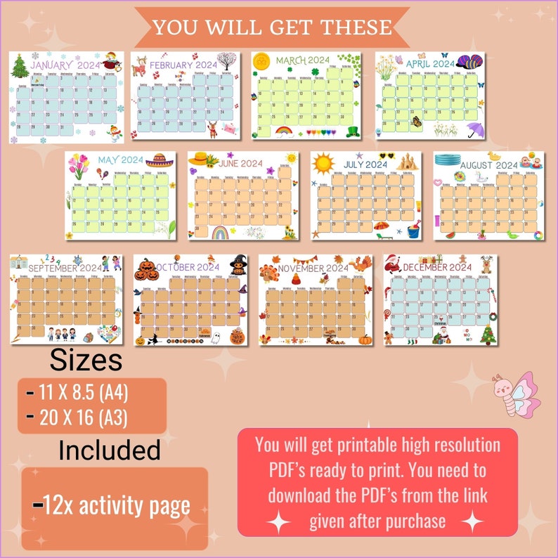 2024 Printable Calendars, Printable Kids Calendars, Watercolor ...