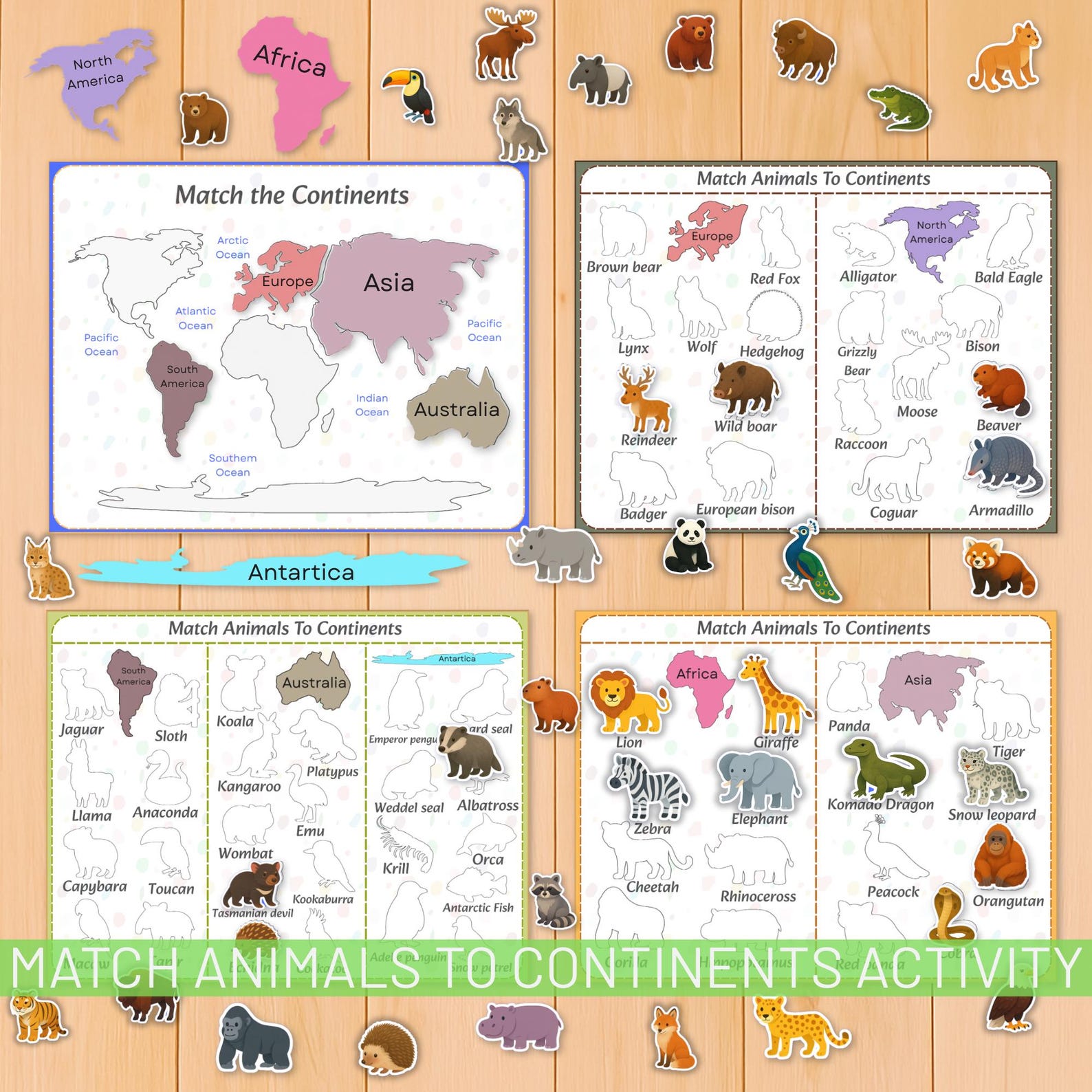 World Continents and Continental Animal Matching Game, Habitat Learning ...
