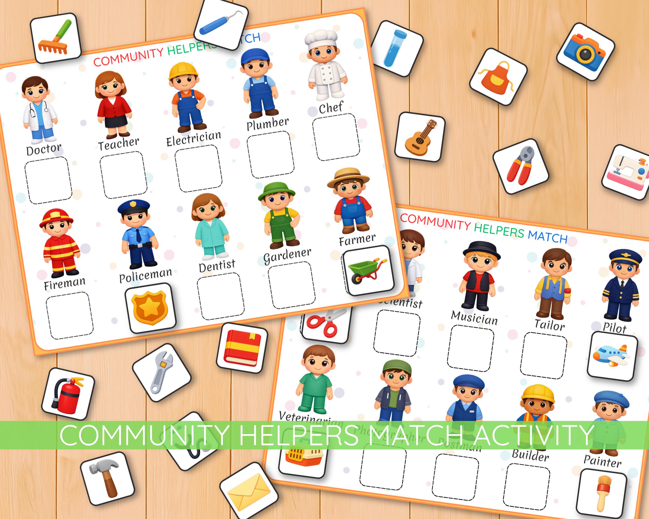 Community Helpers Matching Activity, Jobs and Tools Match for Preschool ...