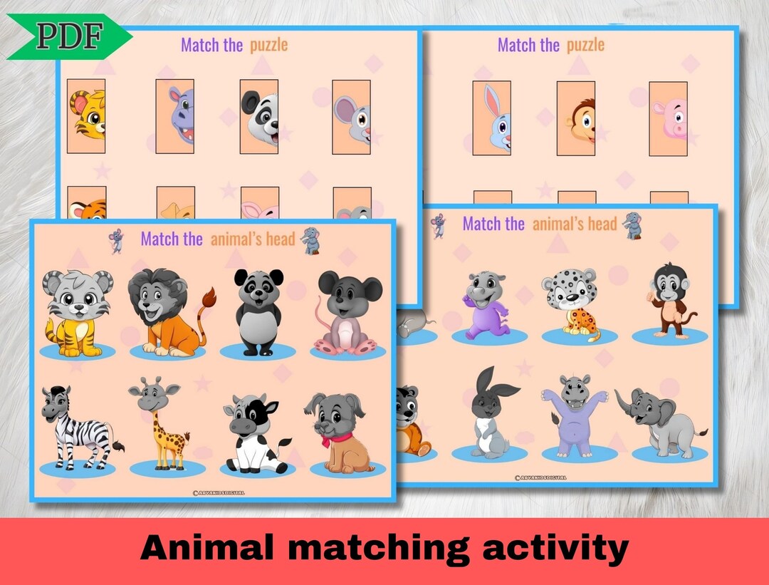 Animal Head Matching Puzzle Activity for Toddler Homeschool Printable ...