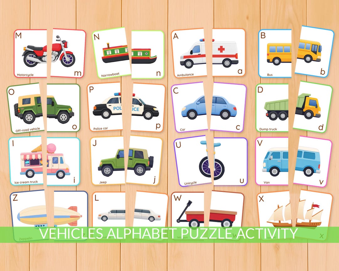 Alphabet Vehicles Puzzle Activity, Uppercase Lowercase Match, ABC ...