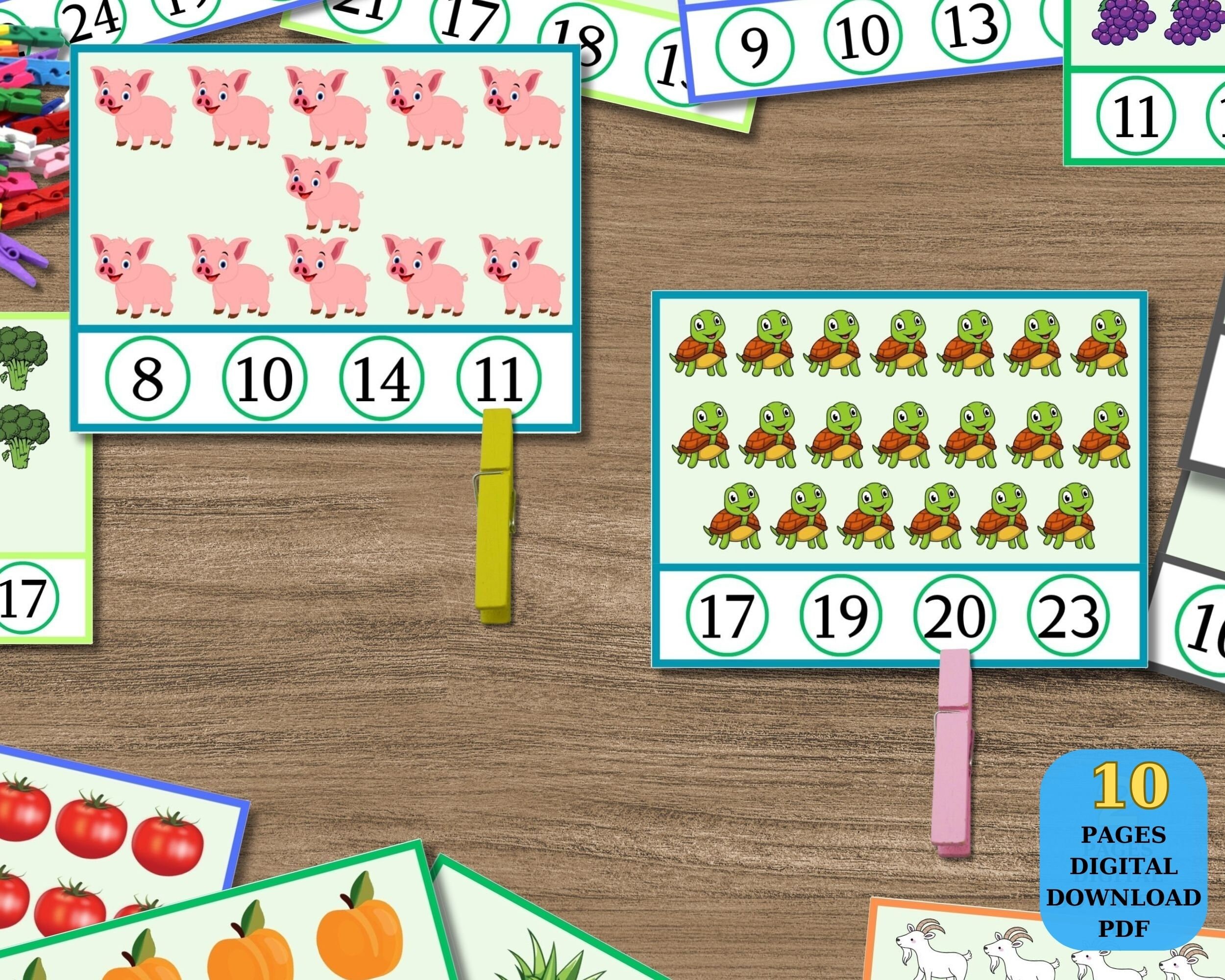 Fruit, Vegetable and Animal Number Flash Cards, Printable, Number ...