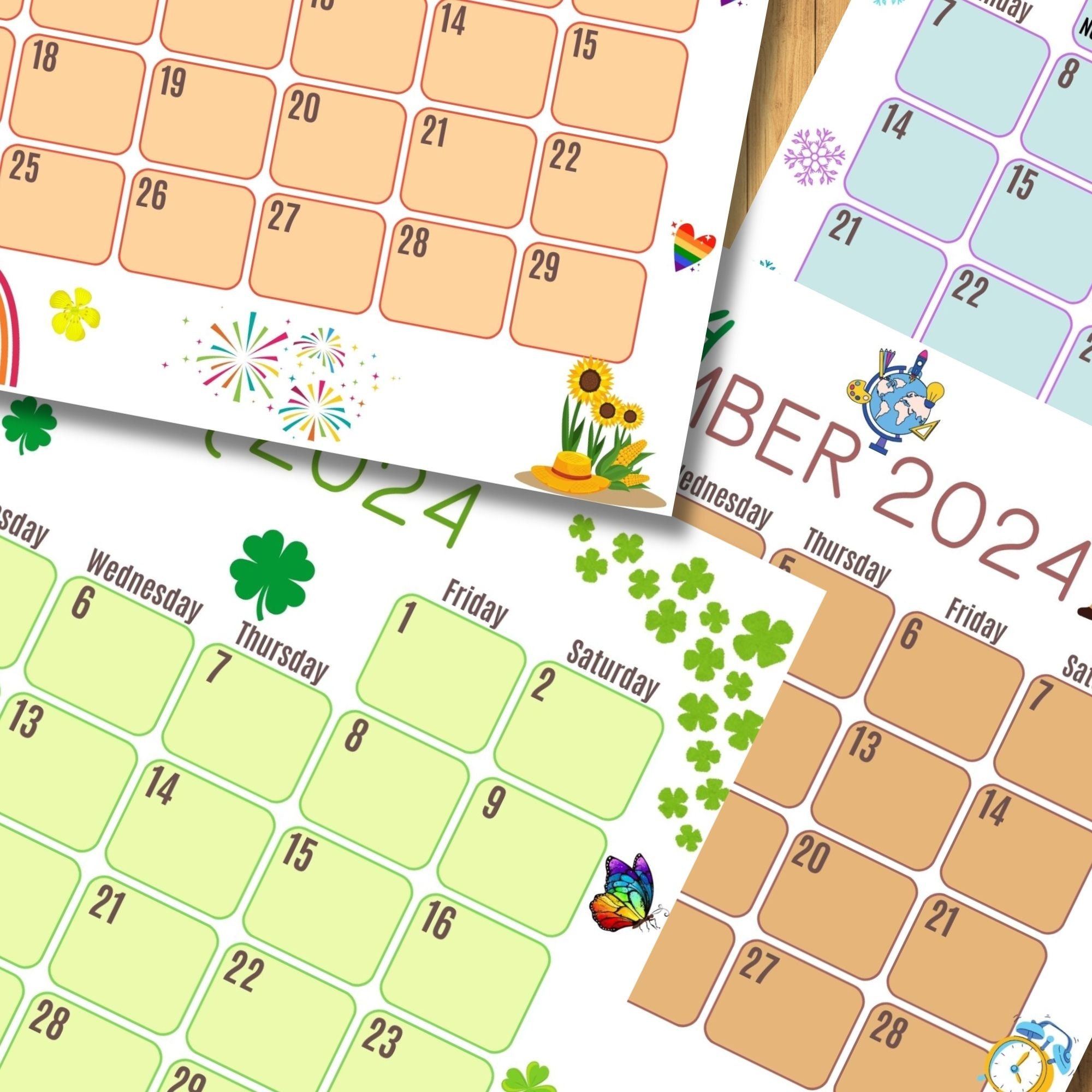 2024 Printable Calendars, Printable Kids Calendars, Watercolor ...