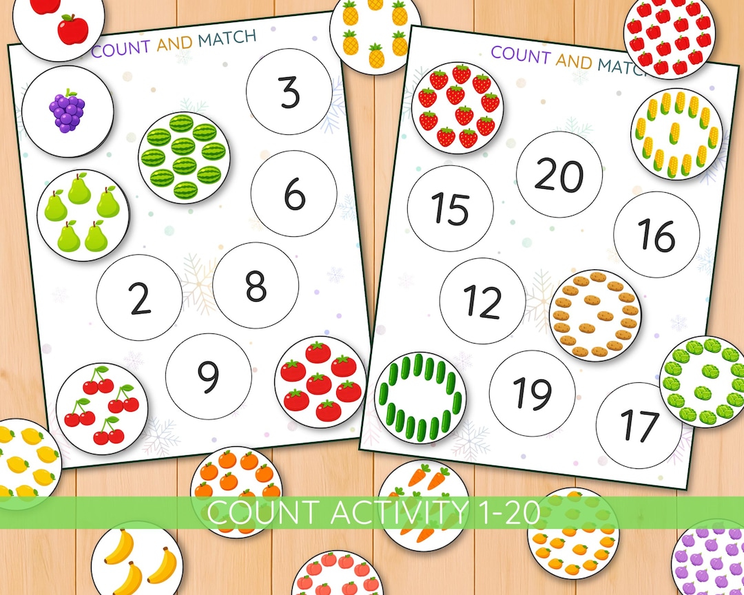 Count and Match 1 20 Activity, Fruit and Vegetable Counting, Preschool ...