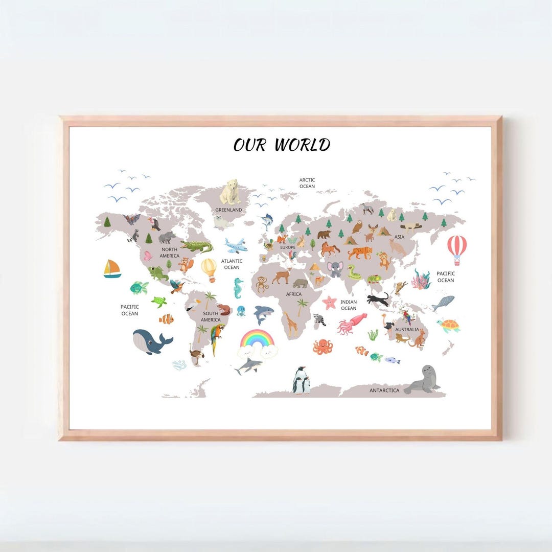 Animal World Map, Kindergarten Map, Safari Animals, Educational Poster ...