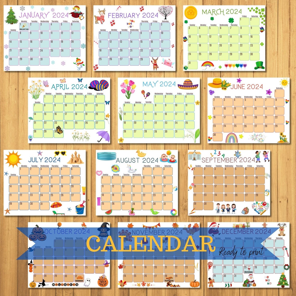 2024 Printable Calendars, Printable Kids Calendars, Watercolor ...