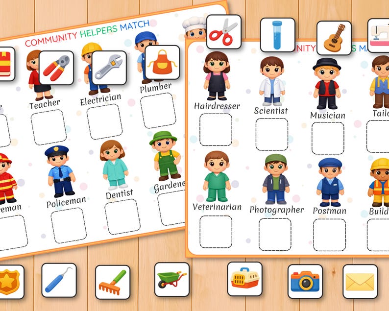 Community Helpers Matching Activity, Jobs and Tools Match for Preschool ...