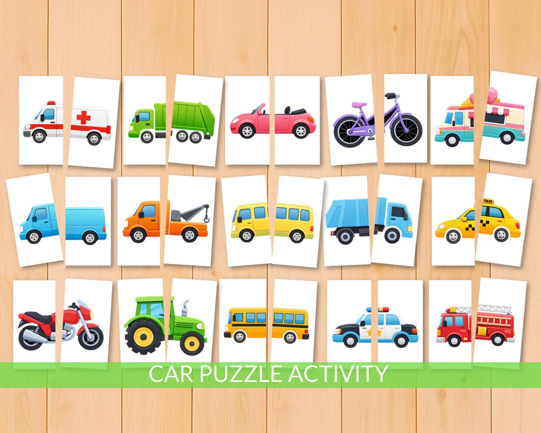 Car Puzzle Matching Cards, Vehicle Split Puzzles, Preschool Fine Motor ...