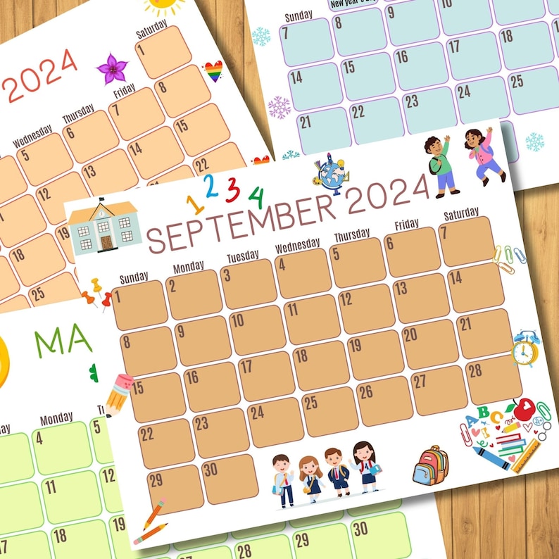 2024 Printable Calendars, Printable Kids Calendars, Watercolor ...