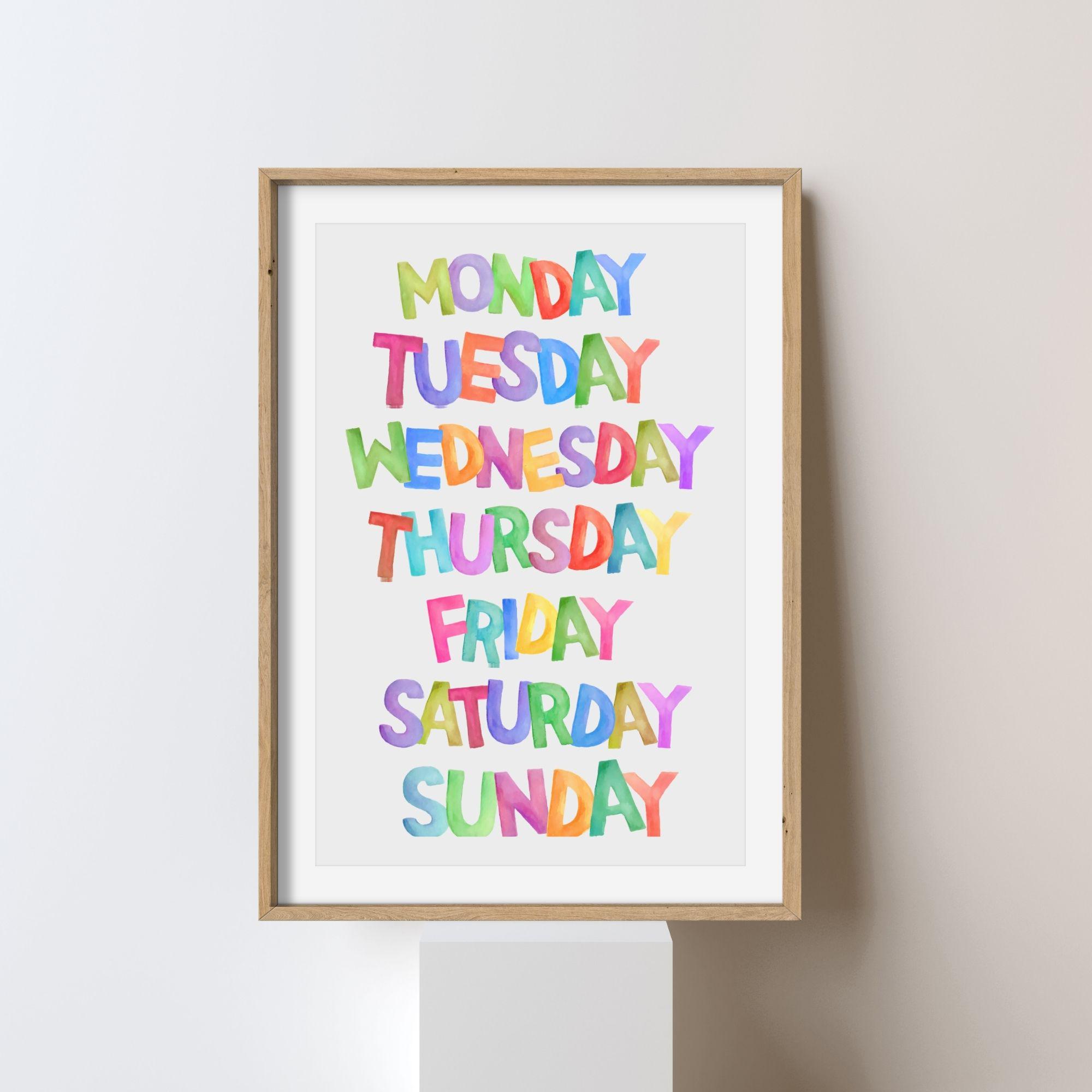 Rainbow Days of the Week, Playroom Educational Poster, Rainbow Nursery ...