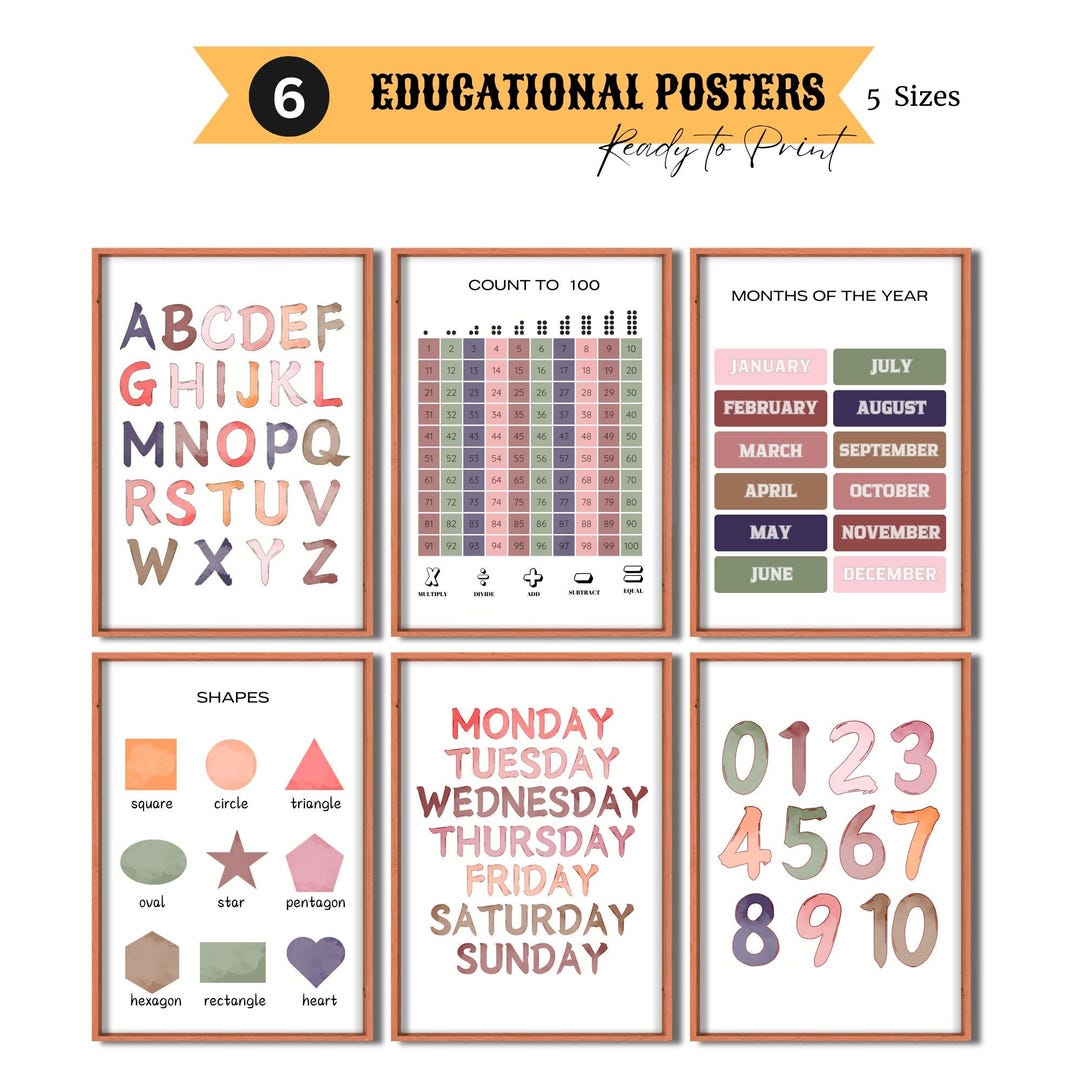 Educational Poster Set, 6 Home Education Prints, Montessori Classroom ...