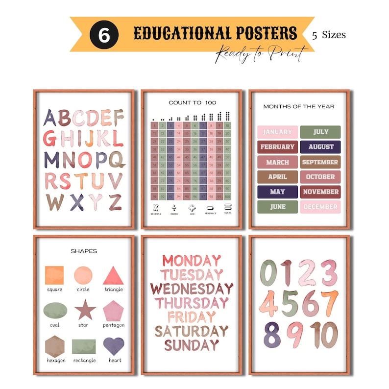 Educational Poster Set, 6 Home Education Prints, Montessori Classroom ...