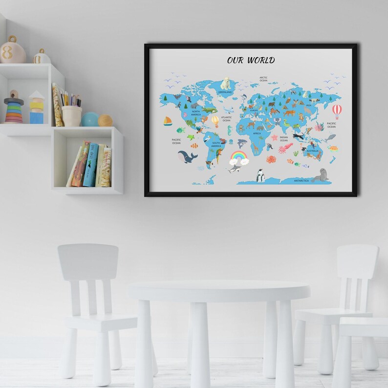 Animal World Map, Kindergarten Map, Safari Animals, Educational Poster ...