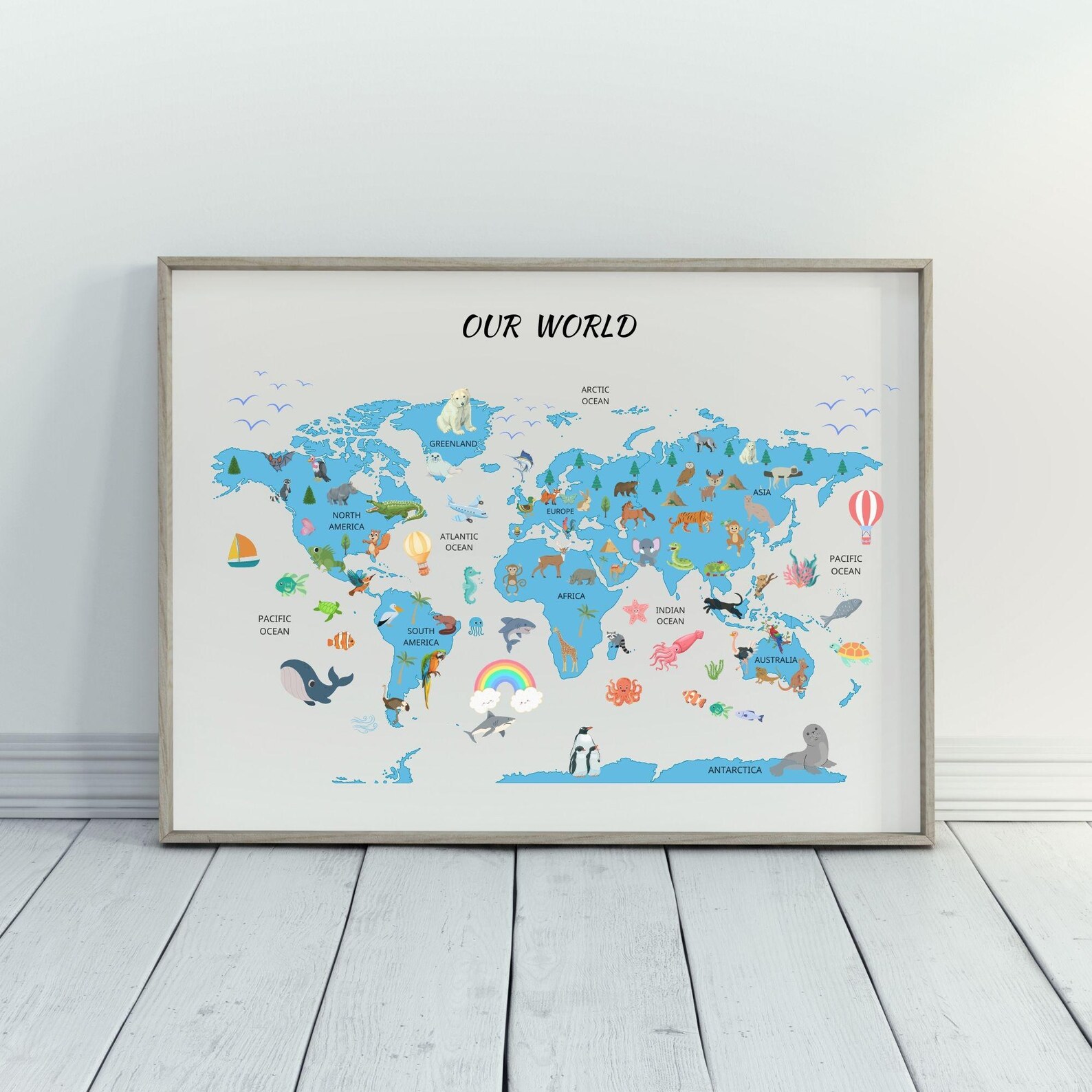 Animal World Map, Kindergarten Map, Safari Animals, Educational Poster ...
