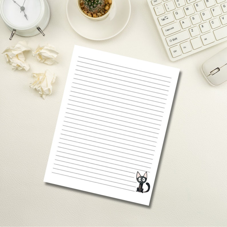 Printable Cute Black Cat Writing Paper Set, Watercolor Kitty Lined Note ...