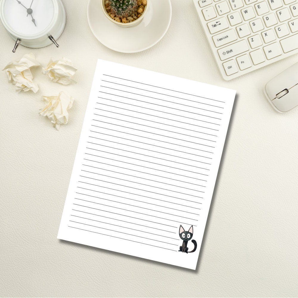 Printable Cute Black Cat Writing Paper Set, Watercolor Kitty Lined Note ...