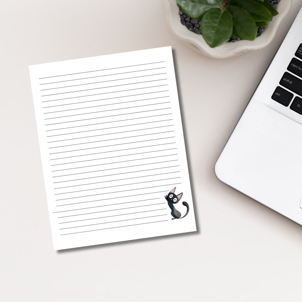 Printable Cute Black Cat Writing Paper Set, Watercolor Kitty Lined Note ...