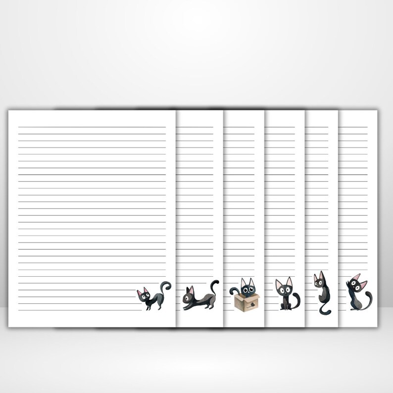 Printable Cute Black Cat Writing Paper Set, Watercolor Kitty Lined Note ...