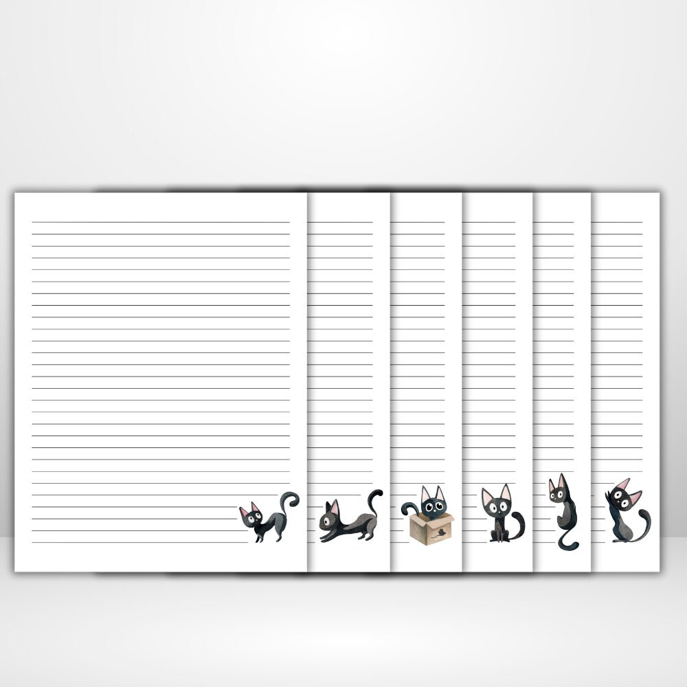 Printable Cute Black Cat Writing Paper Set, Watercolor Kitty Lined Note ...