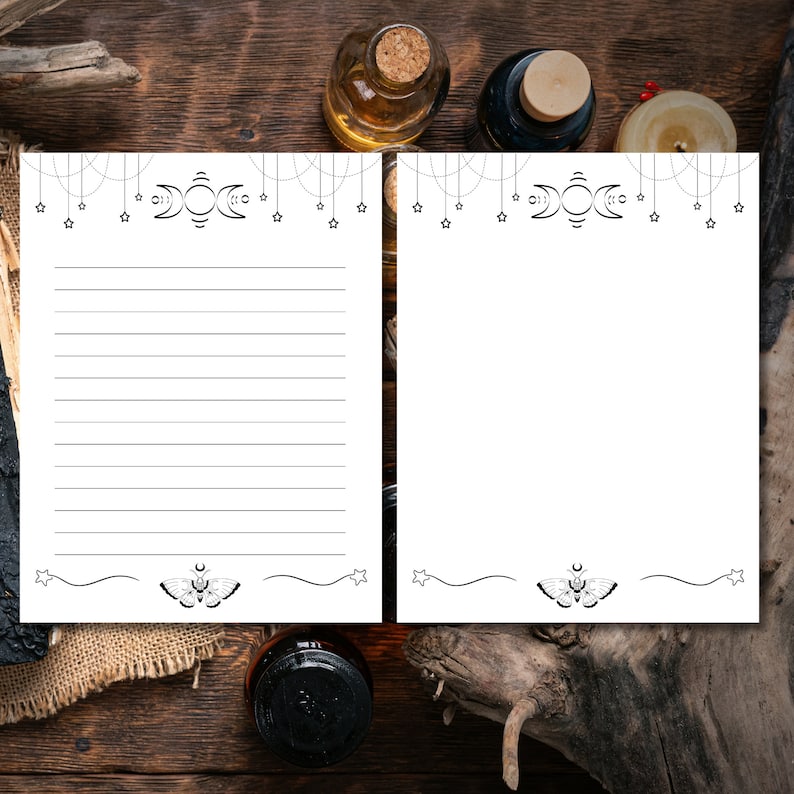 Printable Witchy Crescent Moon Stars Writing Paper Set, Wicca Moth ...