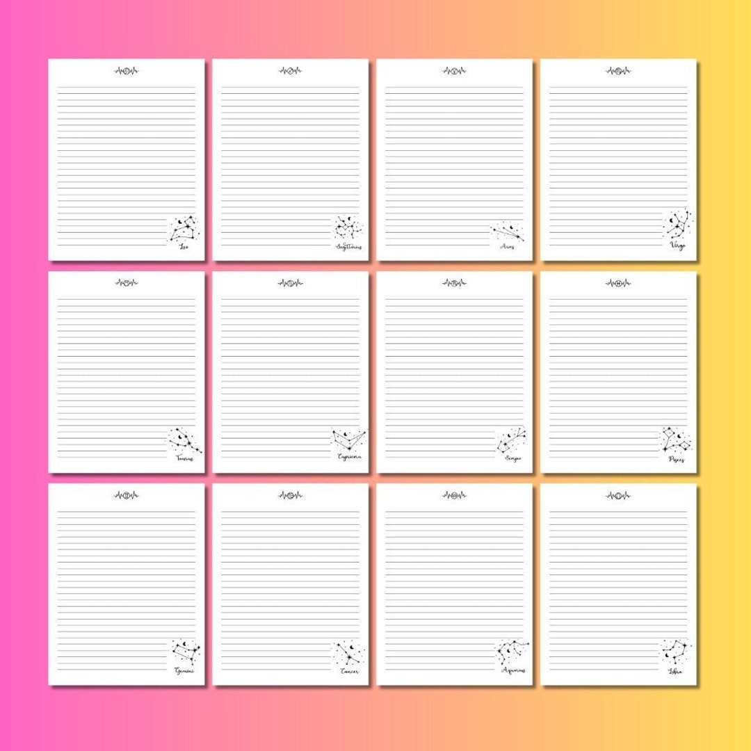 Printable Complete Zodiac Lined Writing Paper Set, 12 Sign Astrology ...