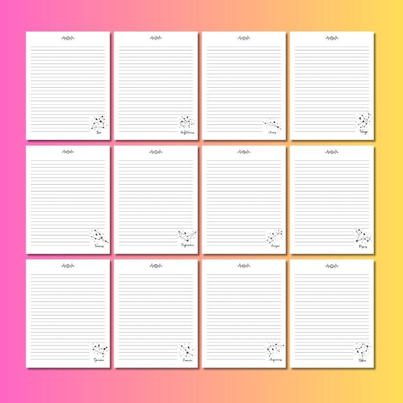 Printable Complete Zodiac Lined Writing Paper Set, 12 Sign Astrology ...