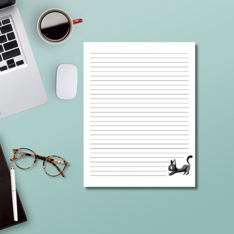 Printable Cute Black Cat Writing Paper Set, Watercolor Kitty Lined Note ...
