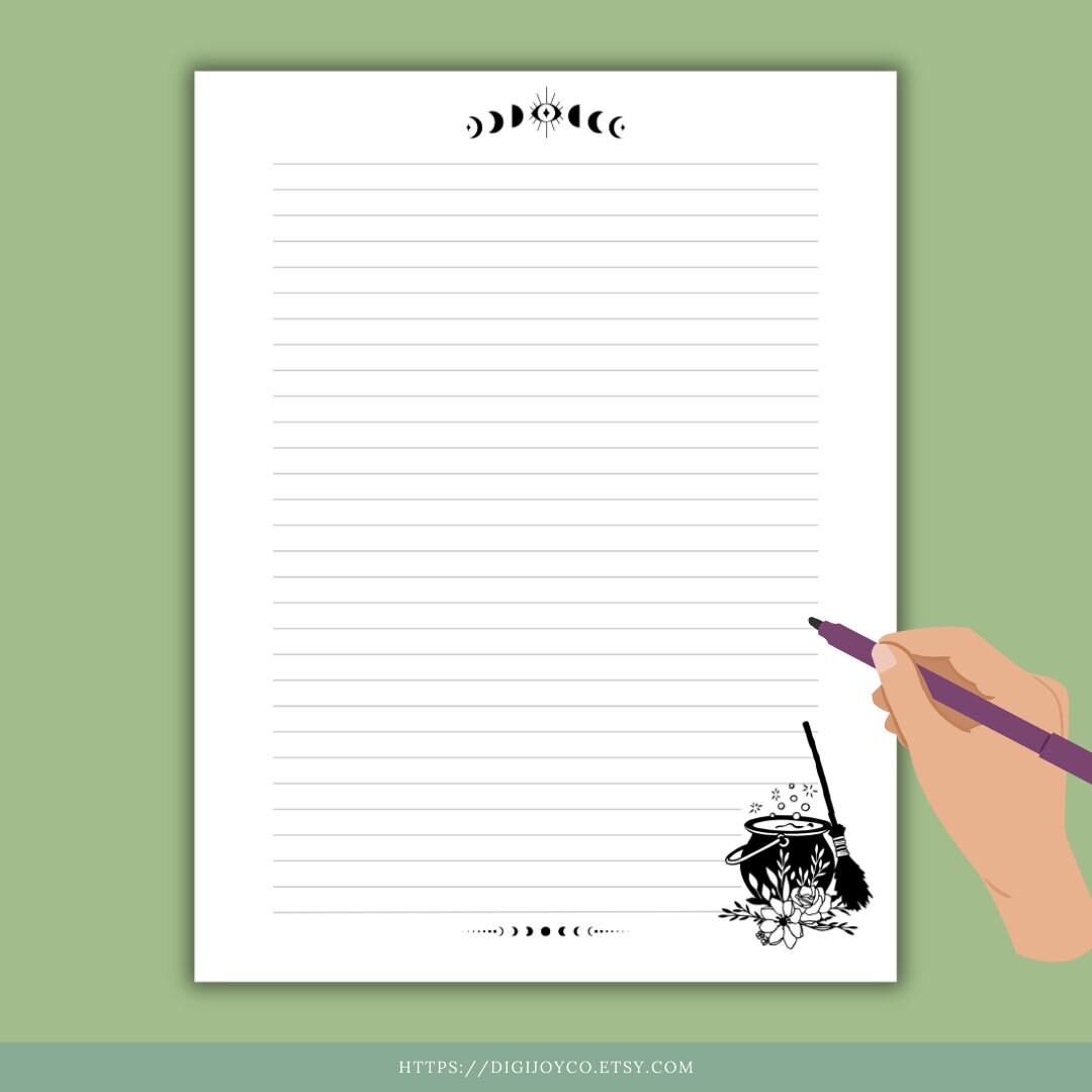Printable Witchy Lined Writing Paper, Moon Phases Magic Stationery ...