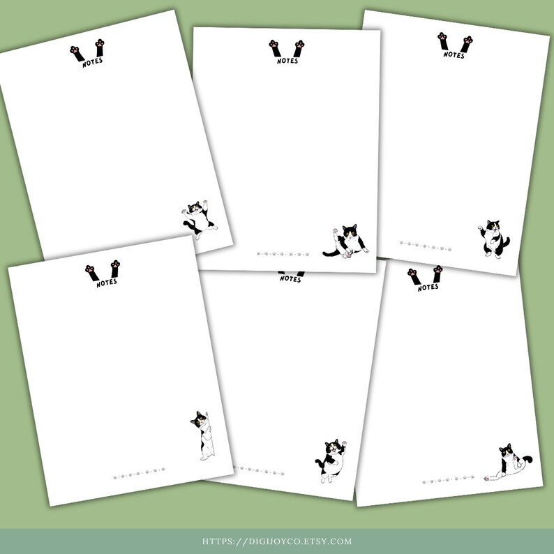 Printable Tuxedo Cat Note Pages US Letter/a4 Size, Set of 6 Whimsical ...