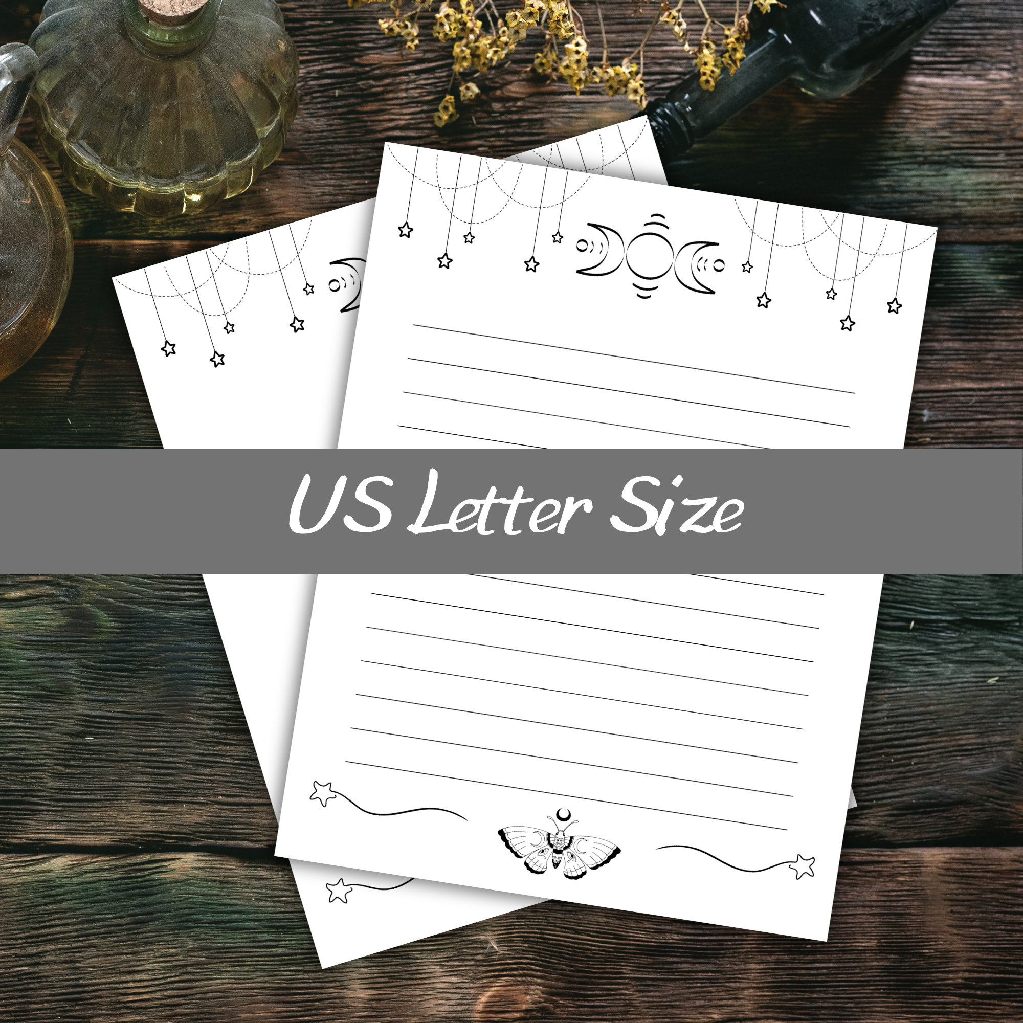Printable Witchy Crescent Moon Stars Writing Paper Set, Wicca Moth ...