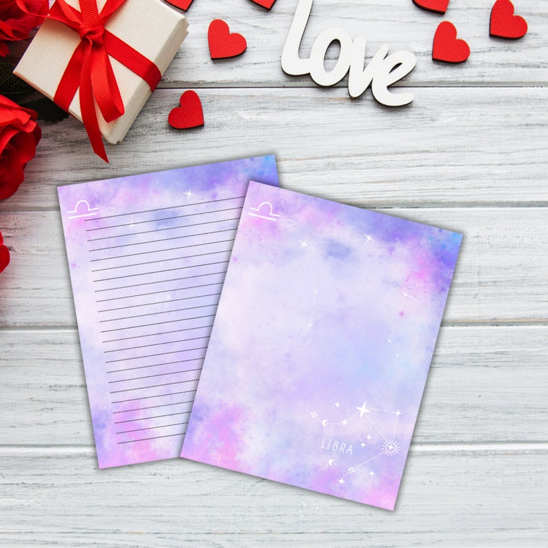 Printable Libra Writing Paper Set, Colorful Zodiac Notebook Sheet ...