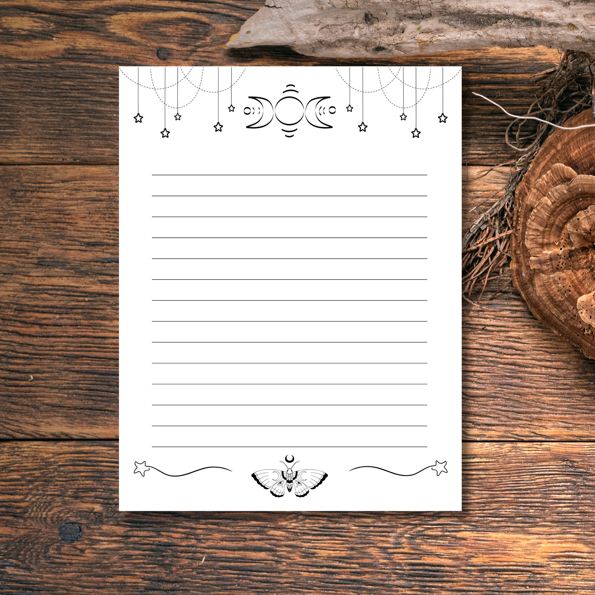 Printable Witchy Crescent Moon Stars Writing Paper Set, Wicca Moth ...