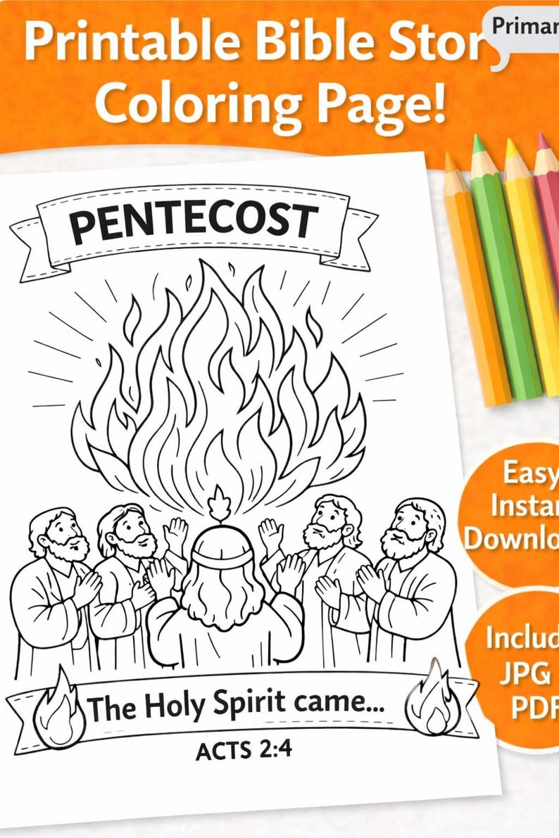 Pentecost Coloring Page Printable for Kids, Holy Spirit Bible Story ...