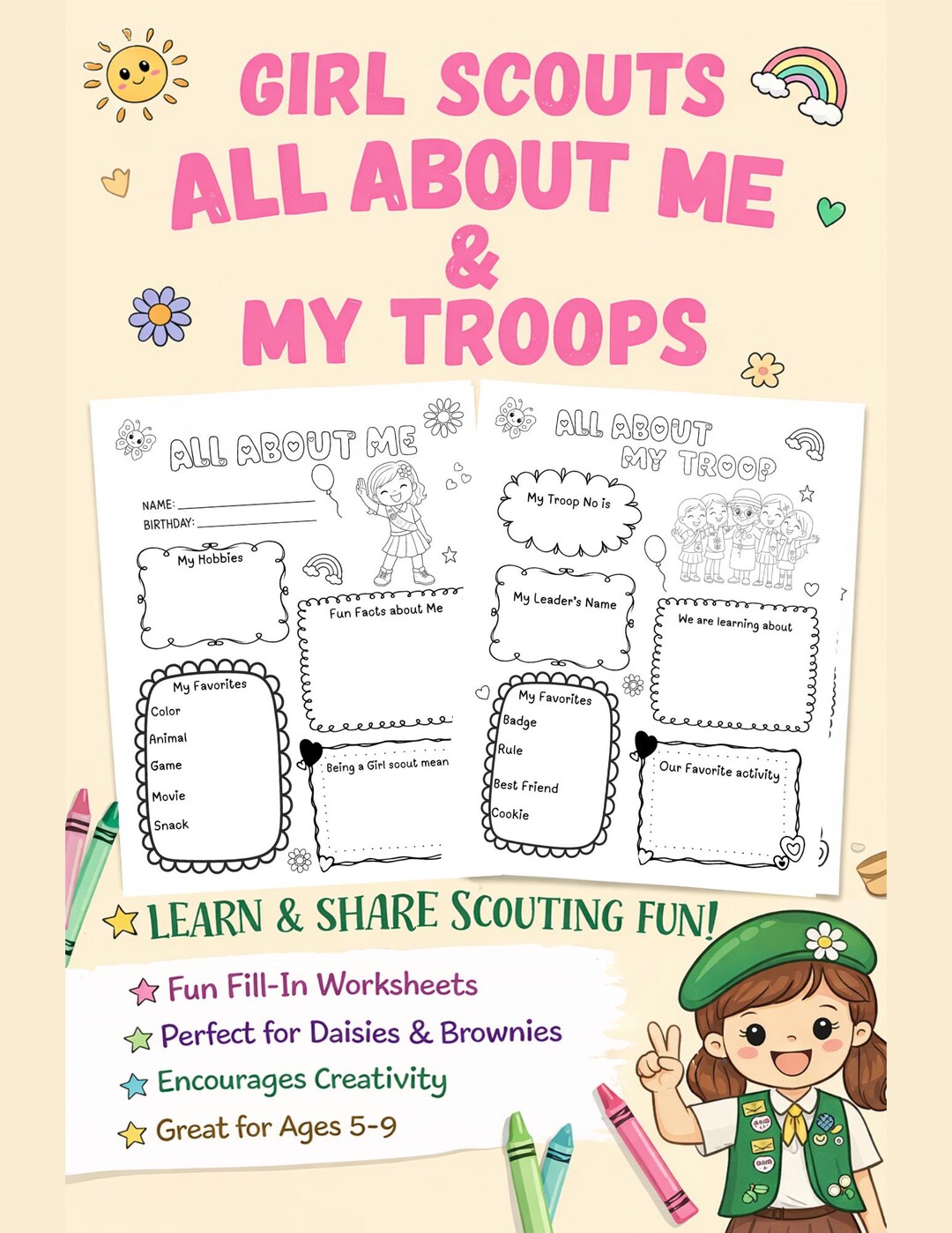 Girl Scouts “all About Me & My Troop” Printable Worksheets (2 Pages) - Etsy
