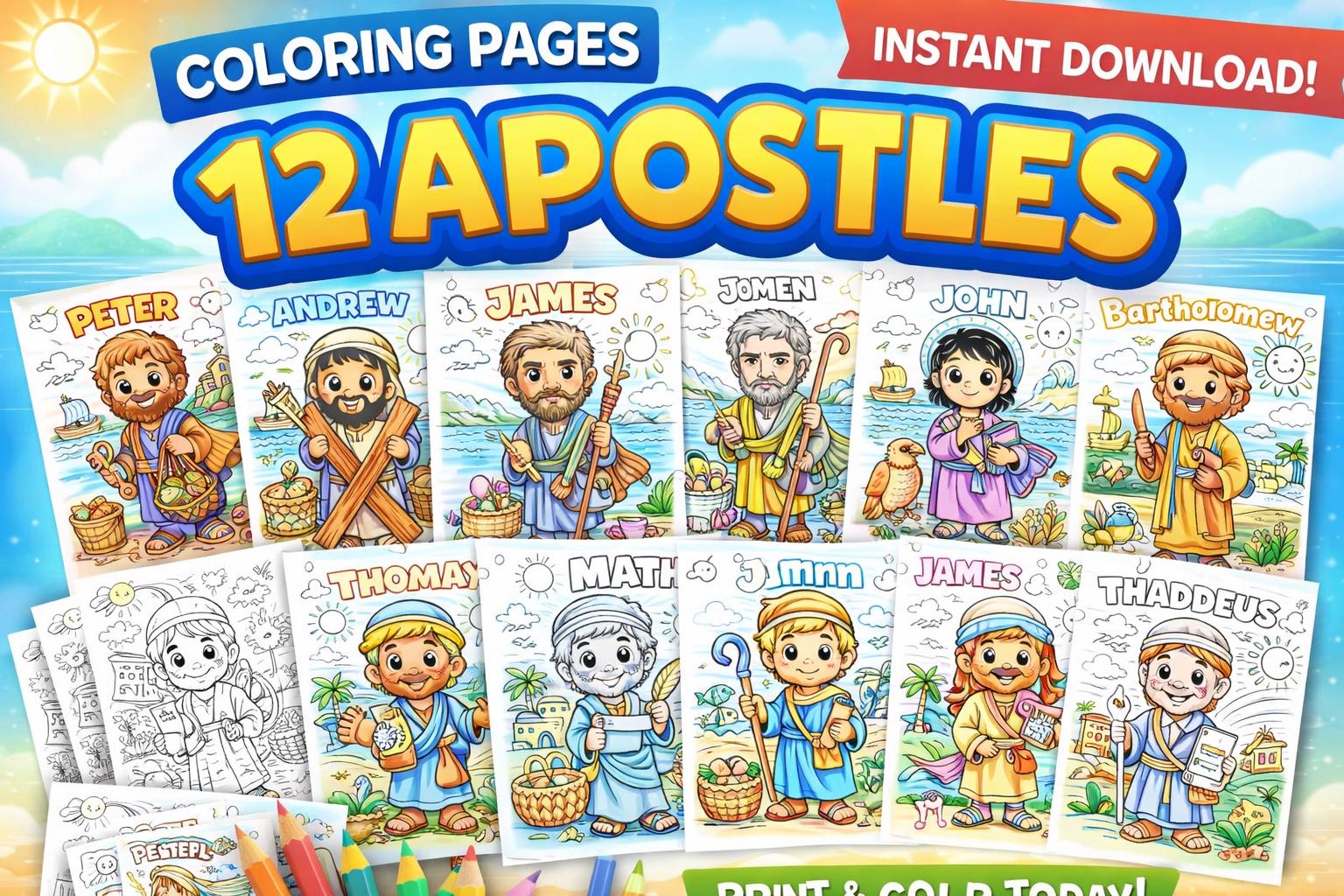 12 Apostles Coloring Pages for Kids | Sunday School Printable (instant ...