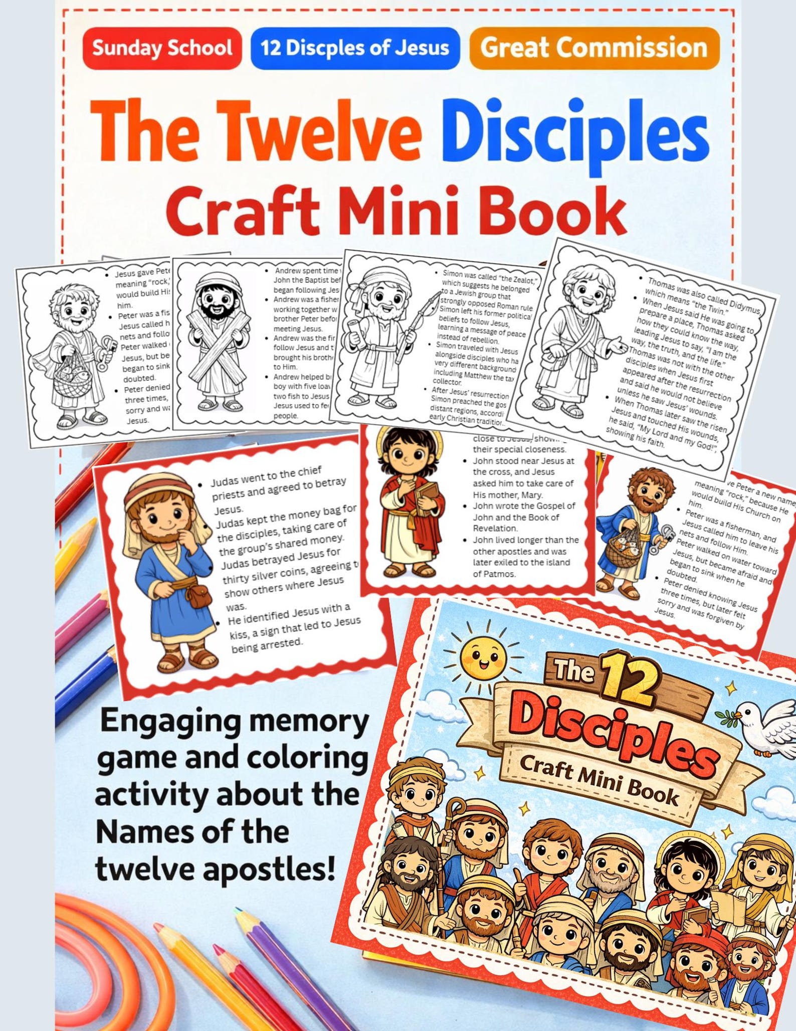 The Twelve Disciples Craft Mini Book | Bible Coloring & Memory Game ...
