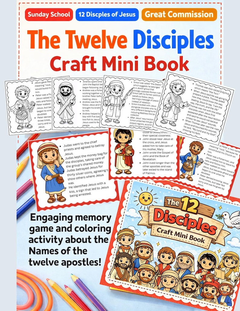 The Twelve Disciples Craft Mini Book | Bible Coloring & Memory Game ...