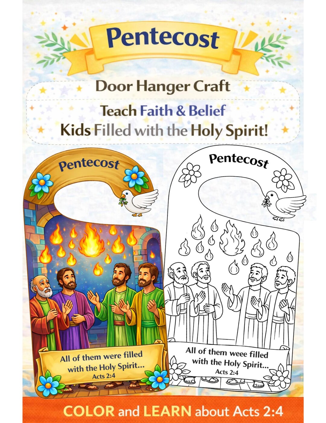 Pentecost Door Hanger Craft for Kids, Holy Spirit Bible Activity ...