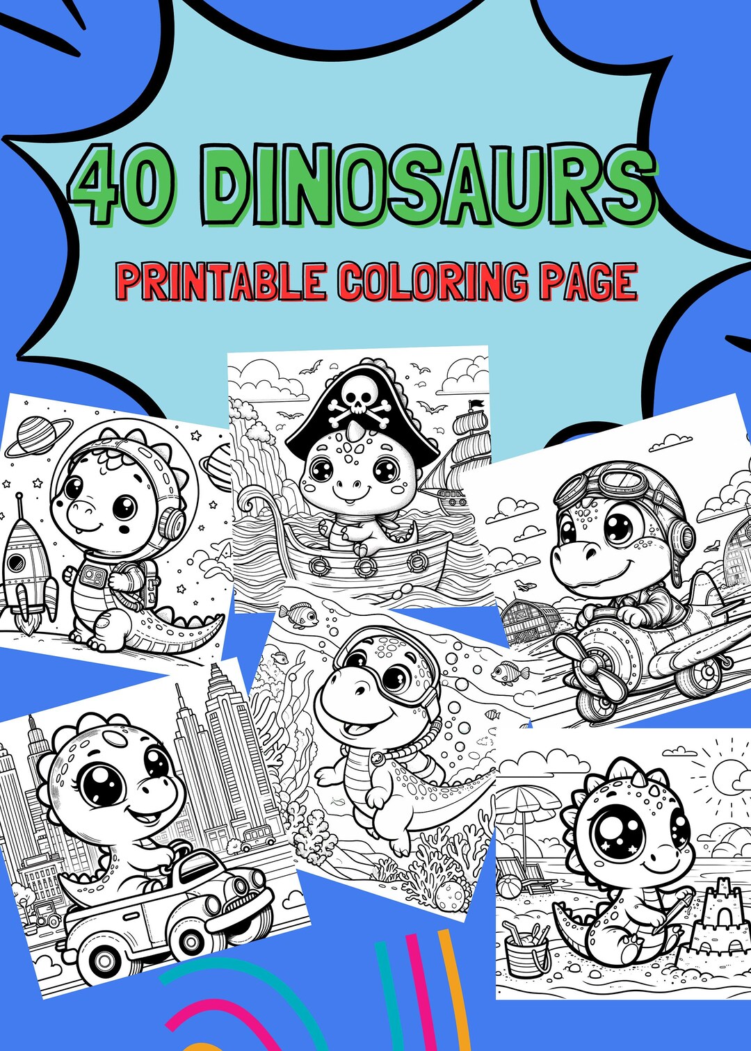 Easy Dinosaurs Coloring Pages for Kids 40 Dinosaurs Printable Coloring ...