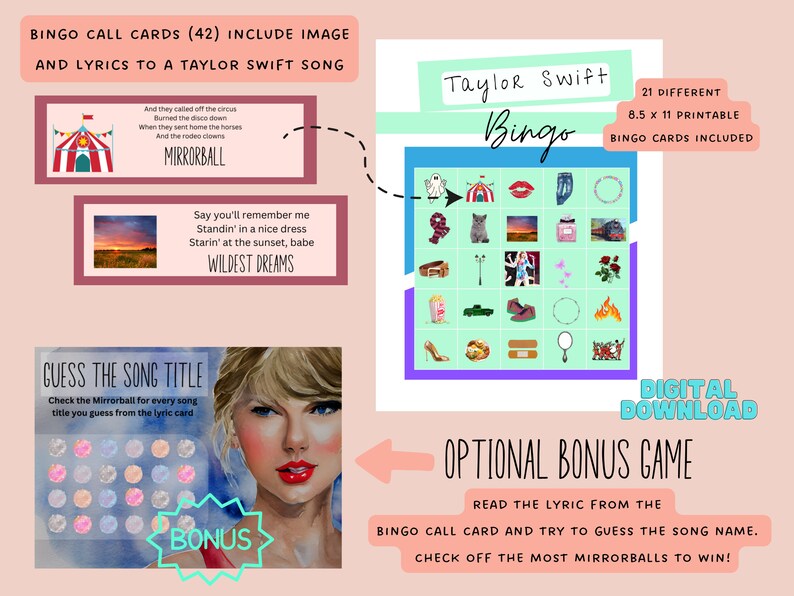 Taylor Swift Lyric Bingo Kids Birthday Party Game Bonus Guess the Name ...