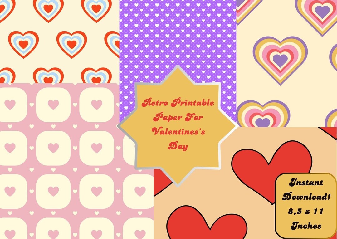 Retro Hearts Printable Paper, Vintage Hearts, Digital Paper, Retro ...