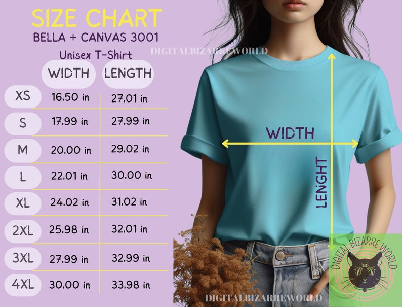 Bella Canvas Size Chart, Bella + Canvas 3001 Size Chart, Unisex Bella ...