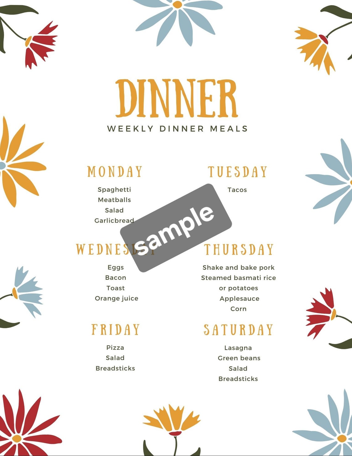 Weekly Dinner Menu Printable Digital Download - Etsy