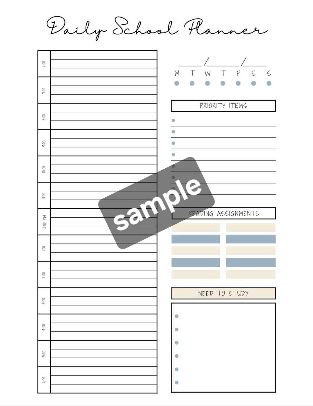 Daily School Planner Digital Printable Download to Improve High School ...