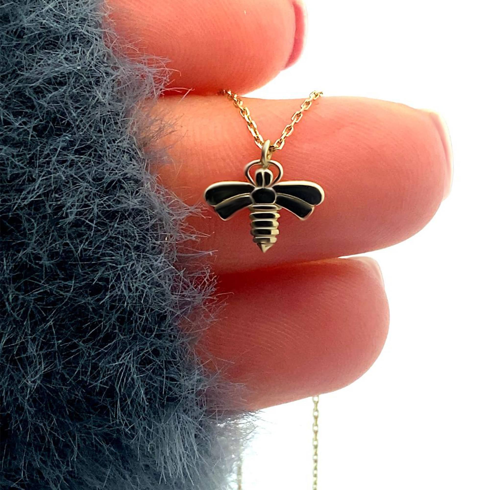 14K Solid Gold Bee Necklace Dainty Honey Bee Pendant Necklace Gift for ...